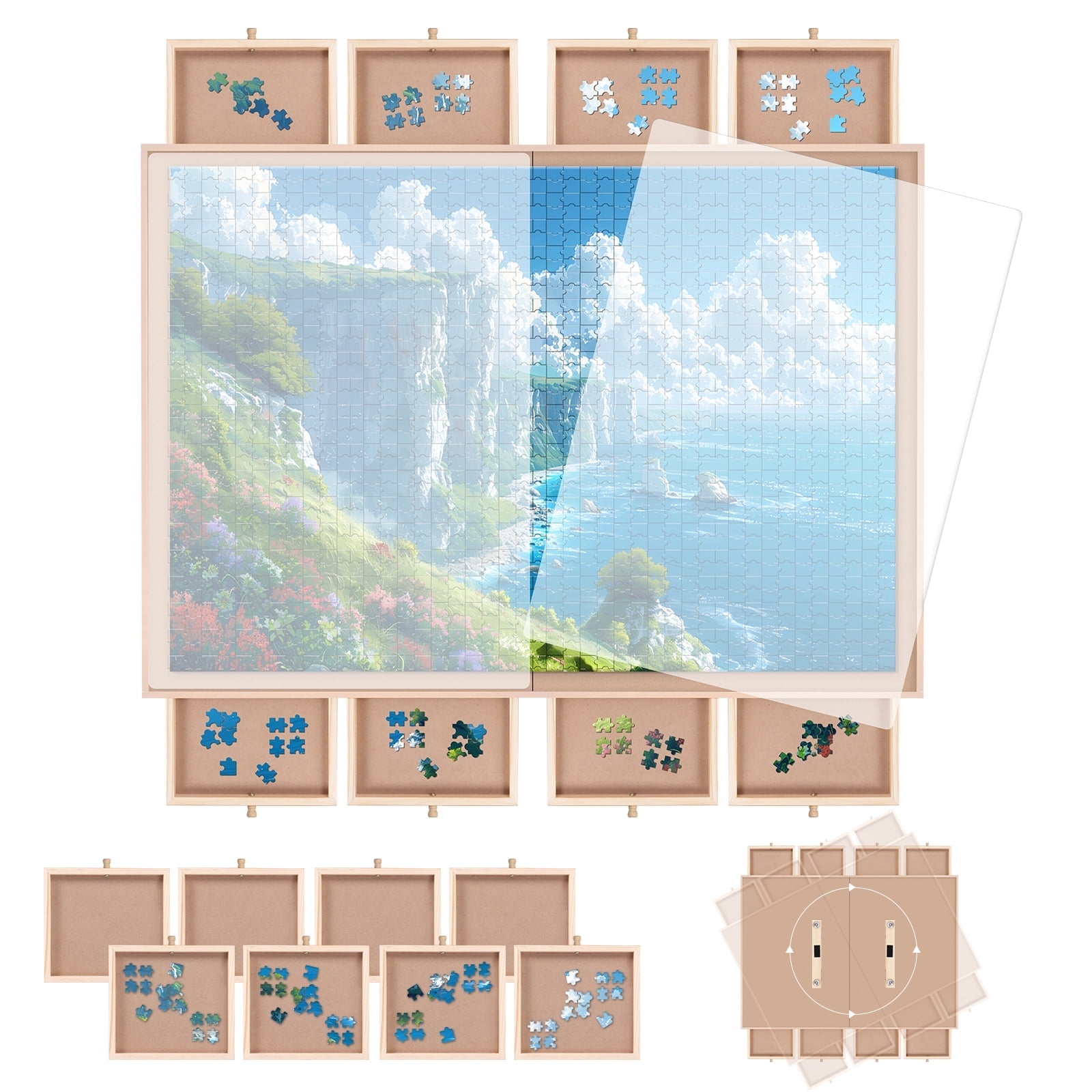1500 Piece Puzzle Board With Cover And 8 Drawers , 34" X 26" Wooden ...