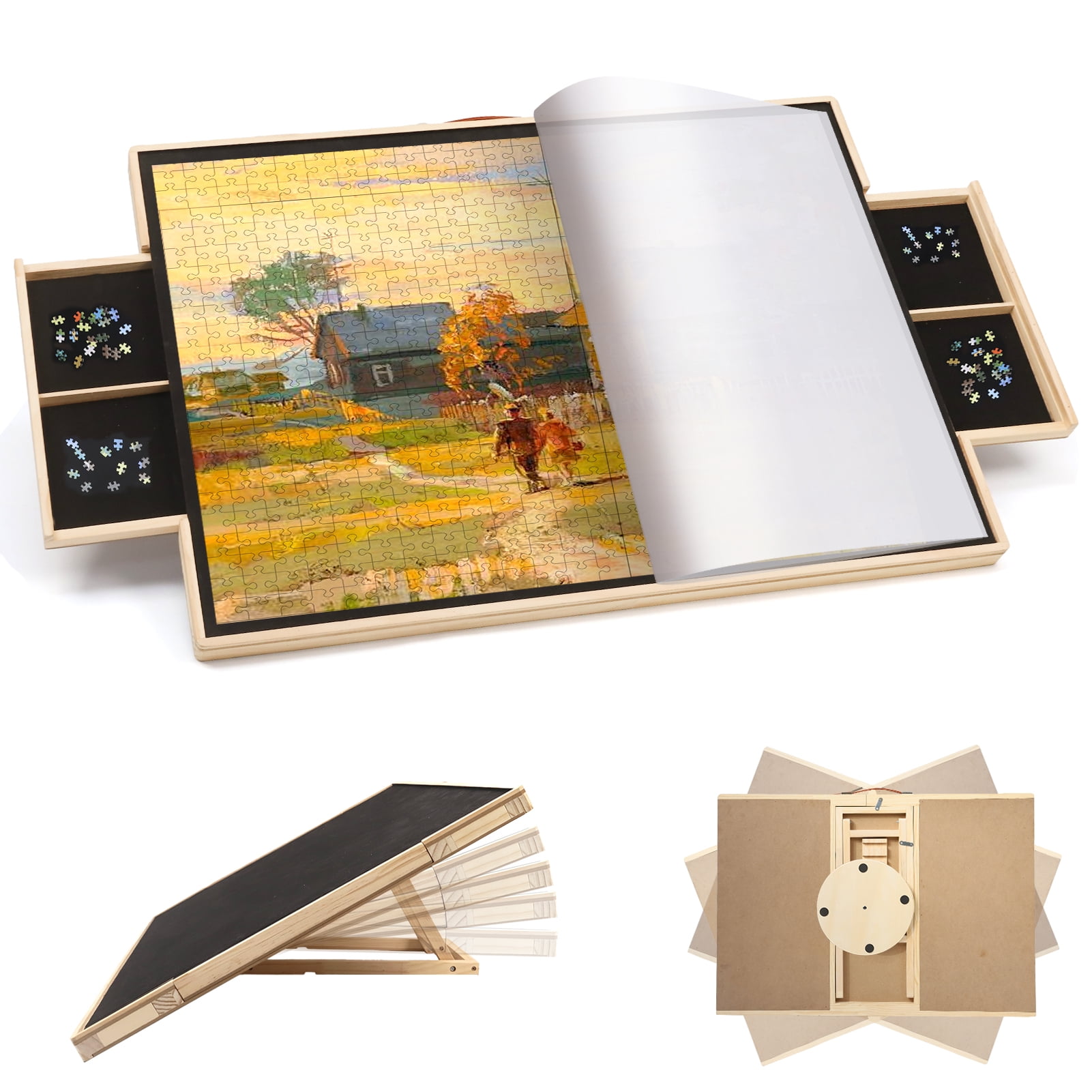 Wdmiya 1500 Piece Puzzle Board with Drawers and Cover, Hardwood Swivel ...