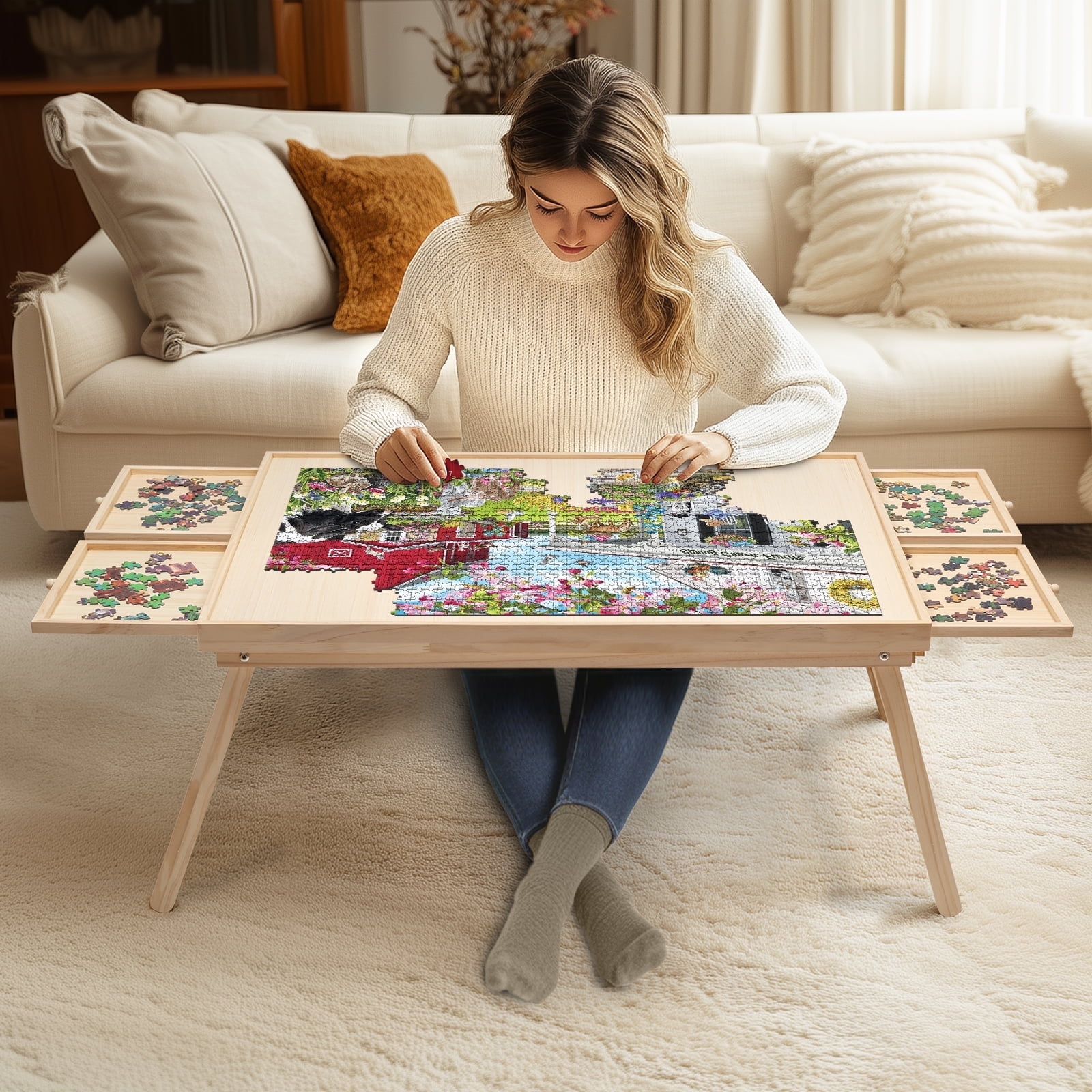 Wooden Puzzle Table w/ Collapsible 1500-Piece Board, Foldable Legs ...
