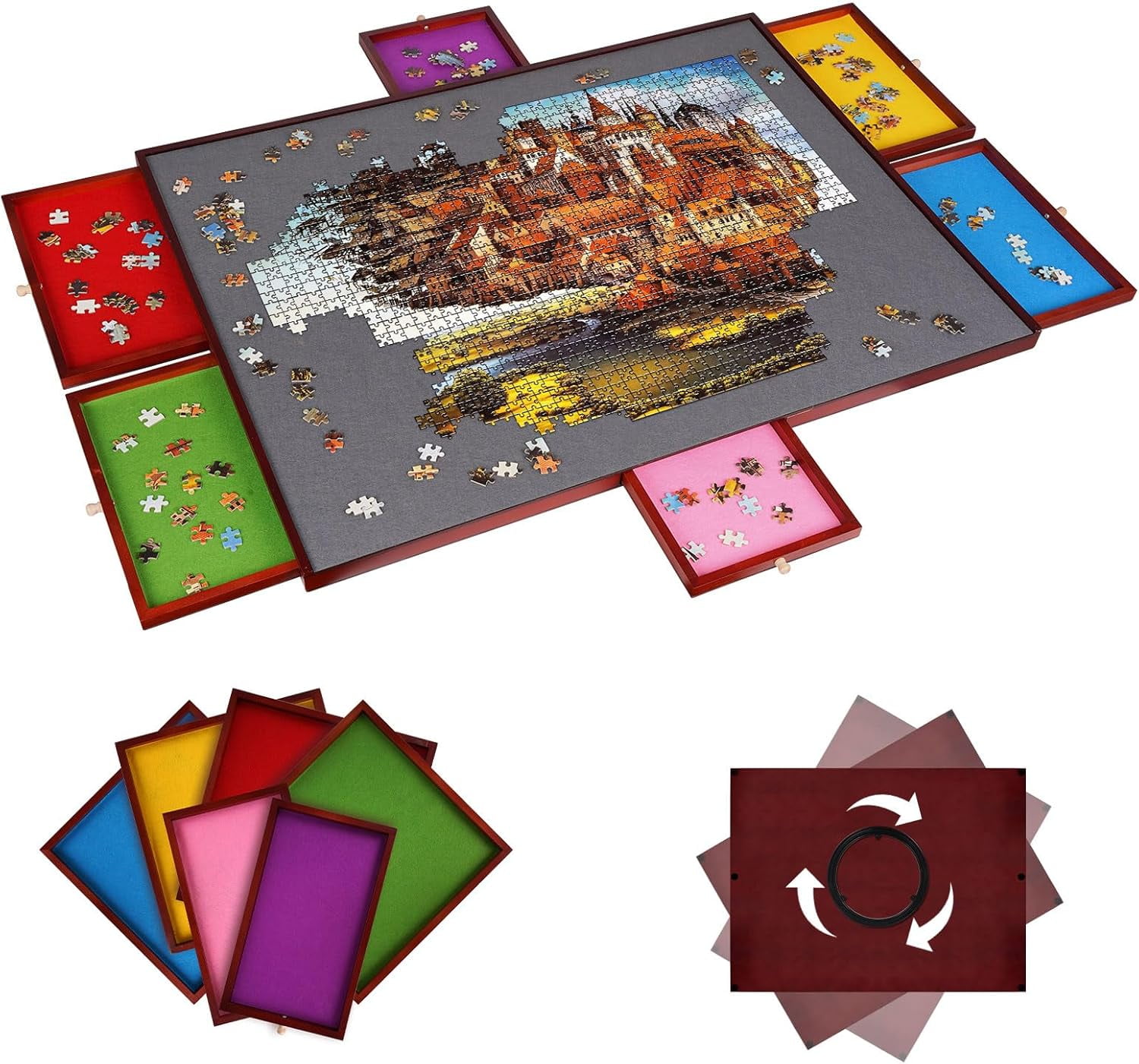 1500 Pieces Rotating Wooden Puzzle Board with 6 Drawers - Wooden Jigsaw ...