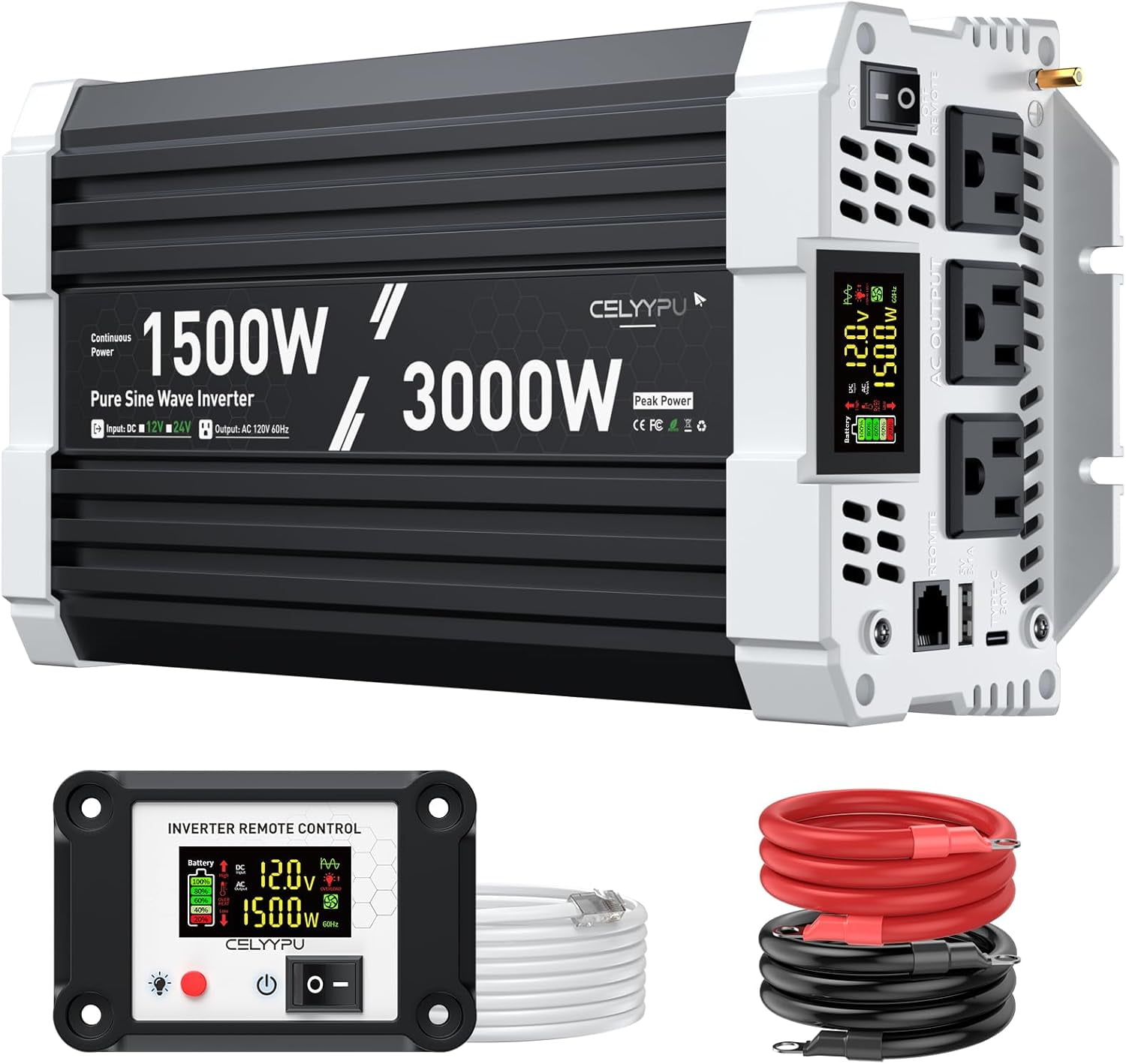 1500 watt Pure sine Wave Inverter, 12V DC to 110V AC Power Inverter ...