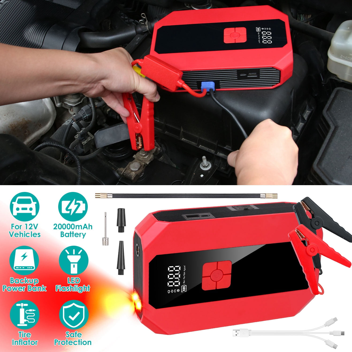 1500A 400PSI Car Jump Starter Battery Pack Portable LED Screen Power ...