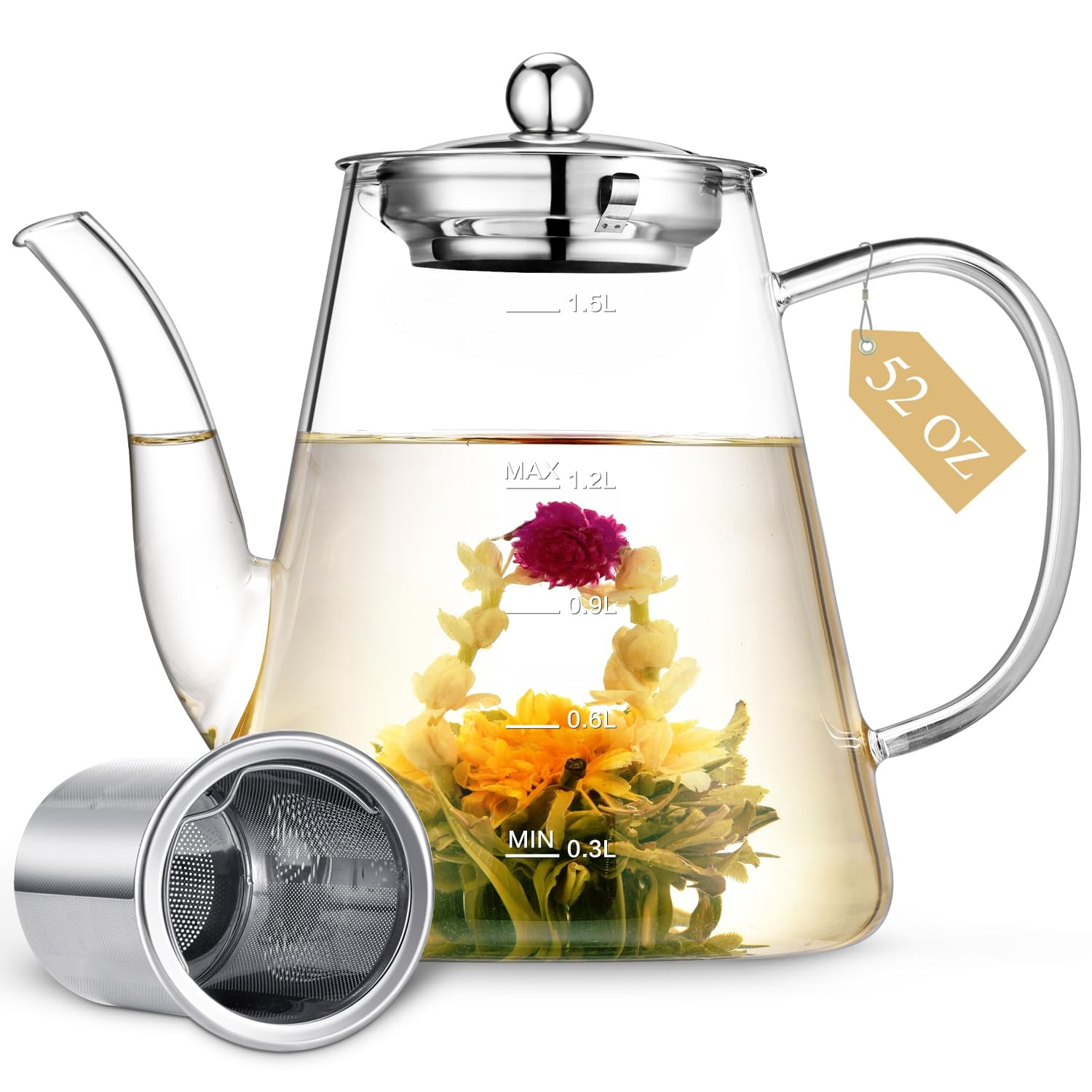 1500ML-Triangle Borosilicate Glass Teapot with Infuser for Loose Leaf ...