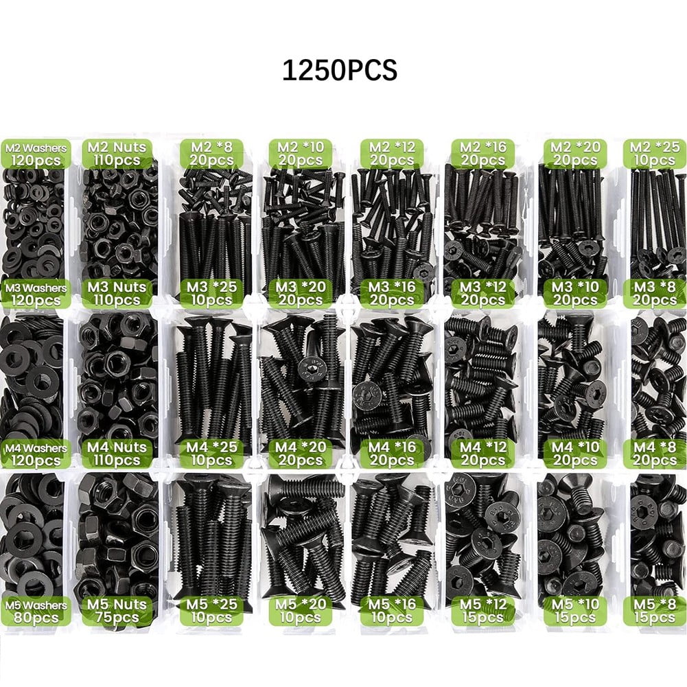 1500Pcs Flat Head Socket Head Cap Screw Nut Washer Set with Three Hex ...