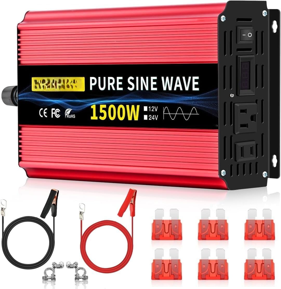 1500W 24V Pure Sine Wave Inverter, 24V DC to 110V/120V AC Power ...
