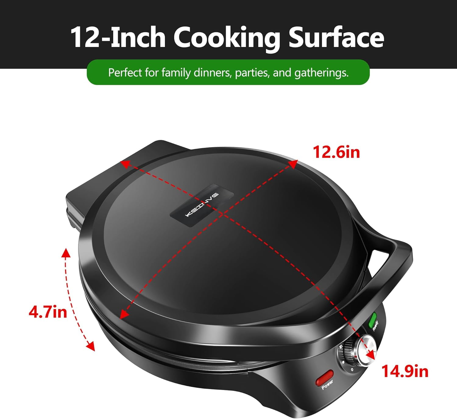 1500W Electric Griddle, 12-Inch Extra-Large Plate with 30-Min Timer and ...