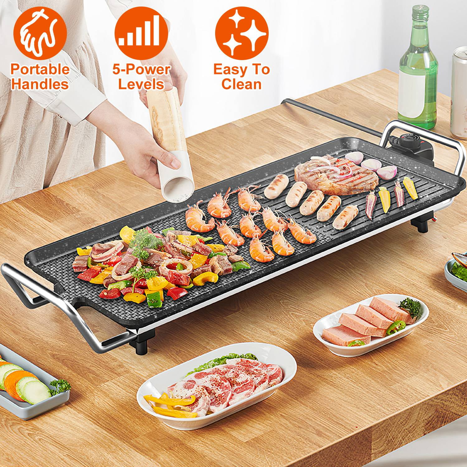 1500W Electric Grill Griddle Non-Stick BBQ Griddle with 5 Levels Adjustable Temperature up to ...