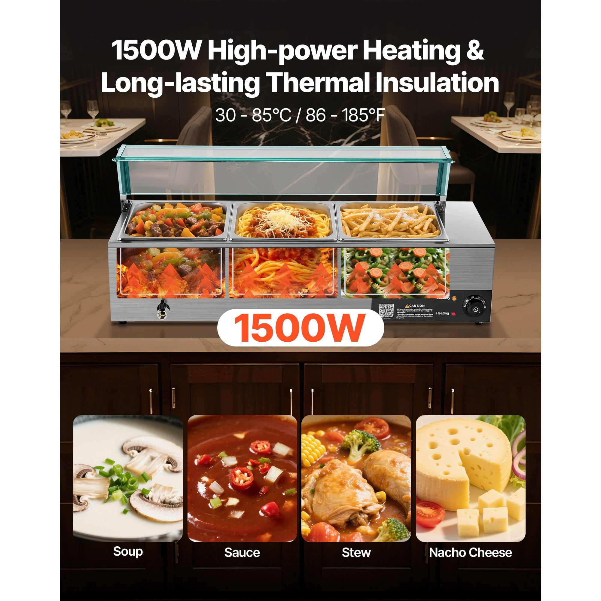 1500W Commercial Electric Food Warmer with Stainless Steel Body, Glass ...