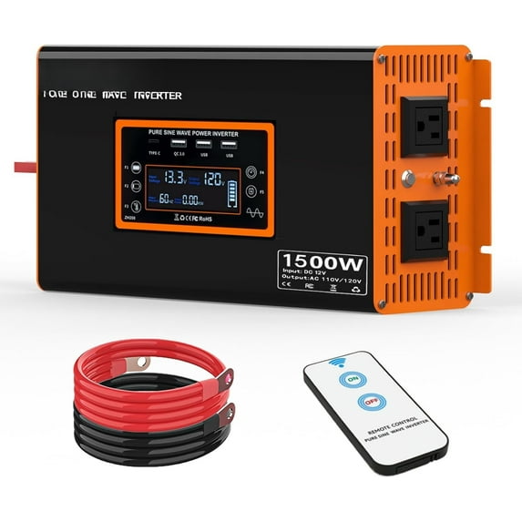 1500W Pure Sine Wave Inverter 12V to 120V AC, Solar Off-Grid & Outdoor ...