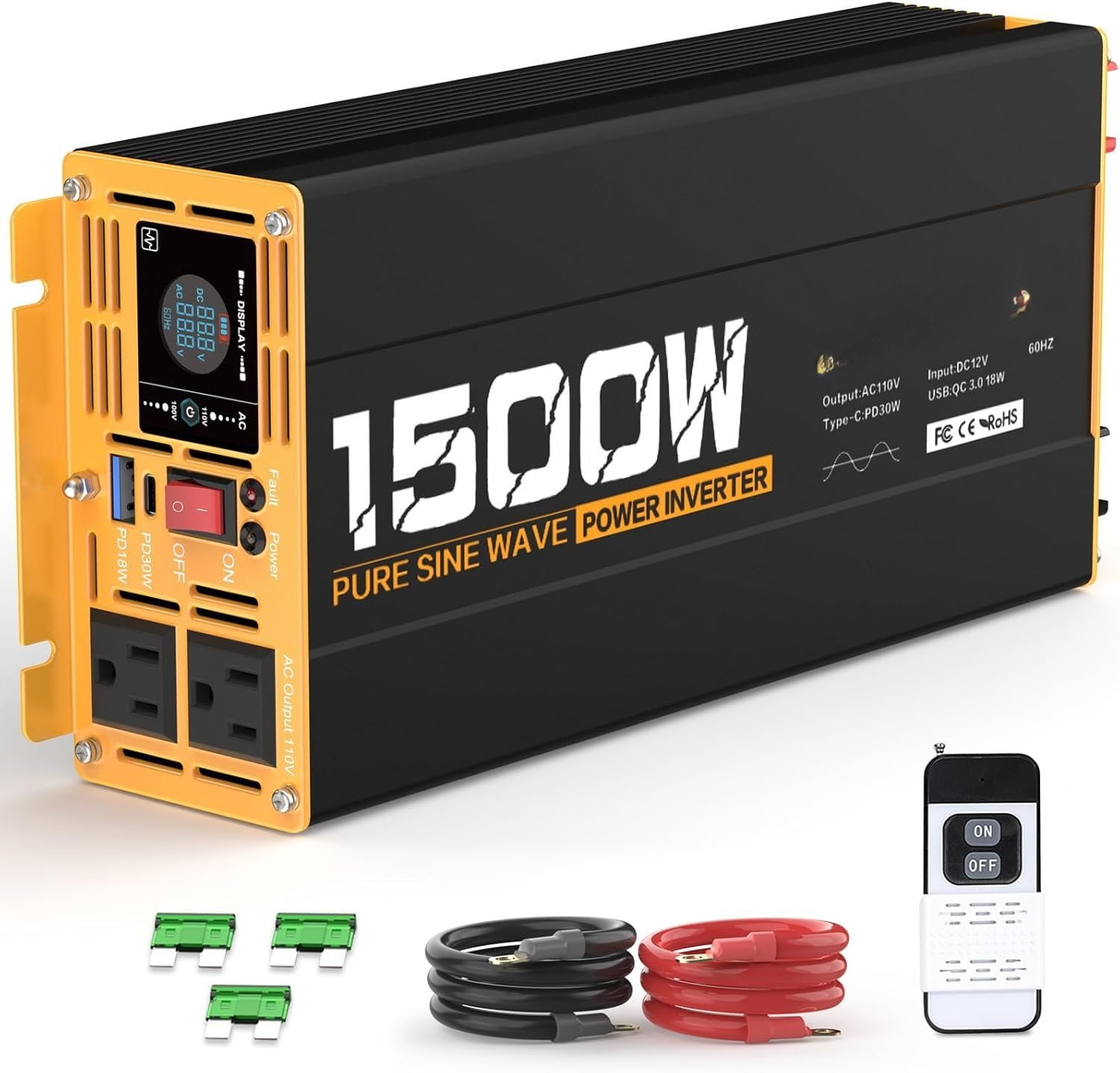 1500W Pure Sine Wave Power Inverter DC 12V to AC 110V 120V Converter ...