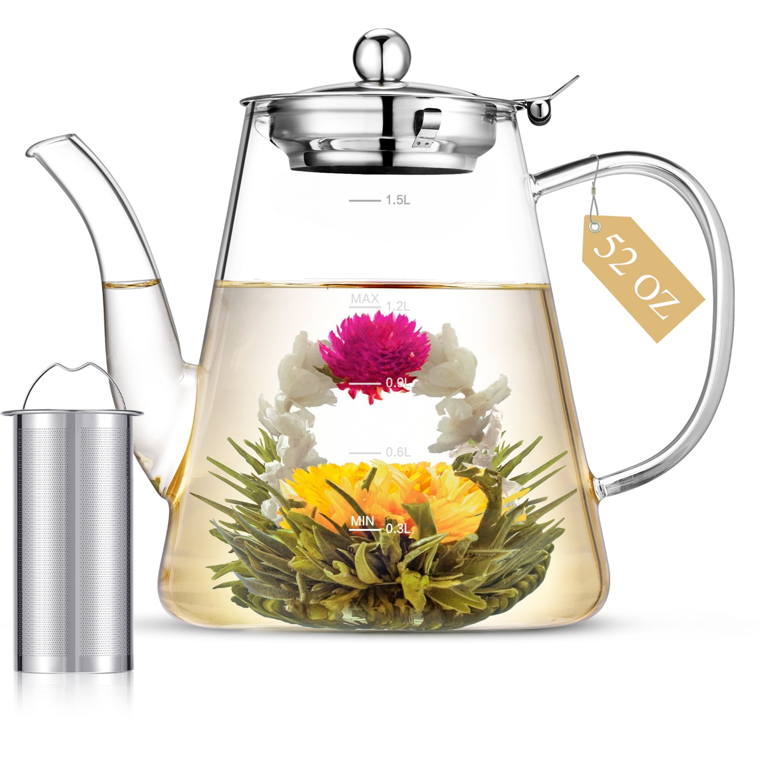 52 oz / 1500 ml Glass Teapot for Blooming and Loose Tea, Teapot with ...