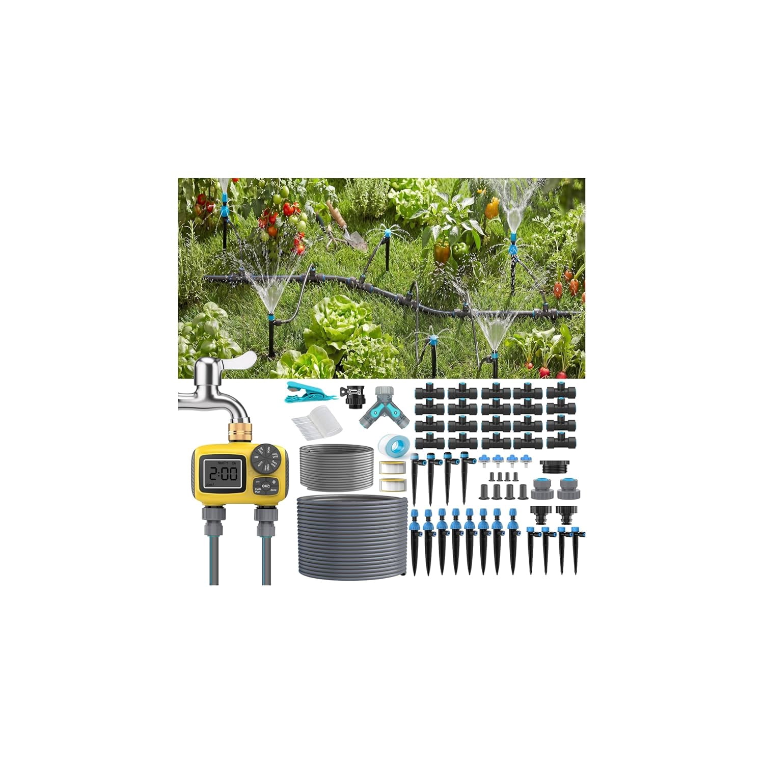 150FT Drip Irrigation System Kit with 2 Zone Water Timer for Garden ...