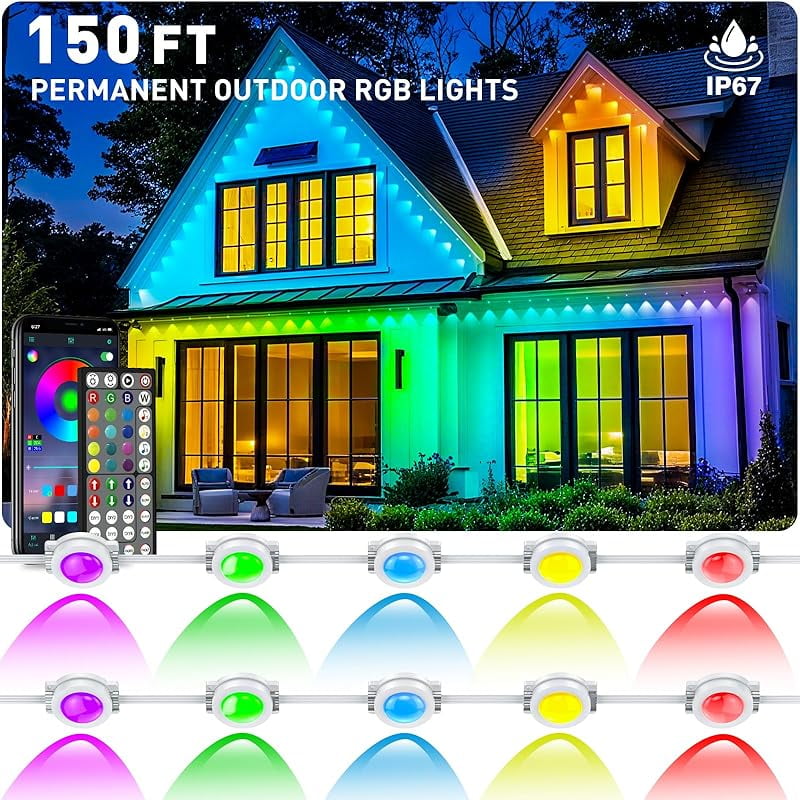 150FT Permanent Outdoor RGB Lights - Waterproof Smart LED Eaves Lights ...