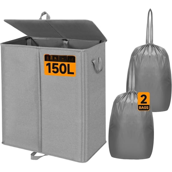 150L Double Laundry Hamper with Lid and Removable Bags,28in Tall ...