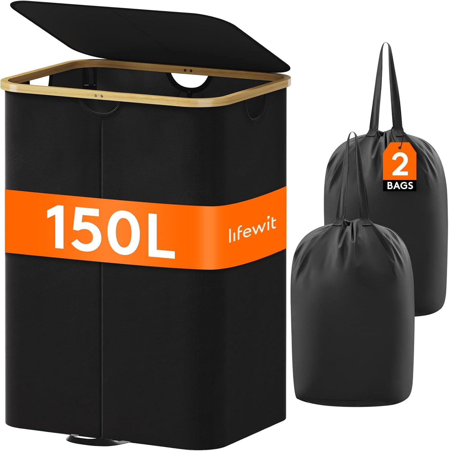 150L Double Laundry Hamper with Lid Two-Section Removable Bags Bamboo ...