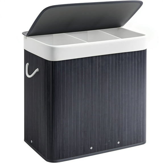 150L Large Bamboo Laundry Basket with Lid - 3-Section Hamper, Removable ...