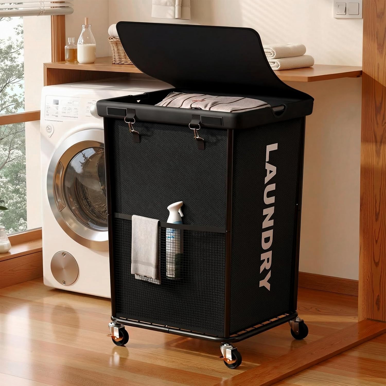 150L Laundry Basket with Wheels, Rolling Hamper Cloth Cover, Cart Metal ...