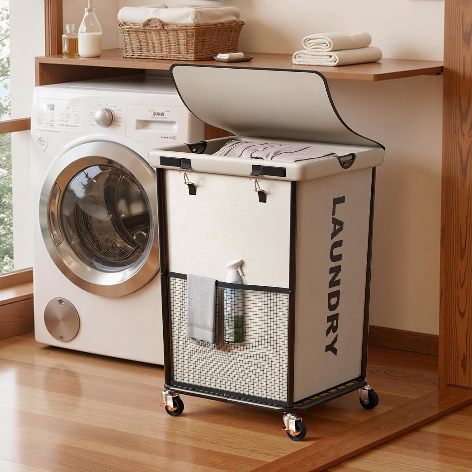 150L Laundry Basket with Wheels, Rolling Laundry Hamper with Cloth ...