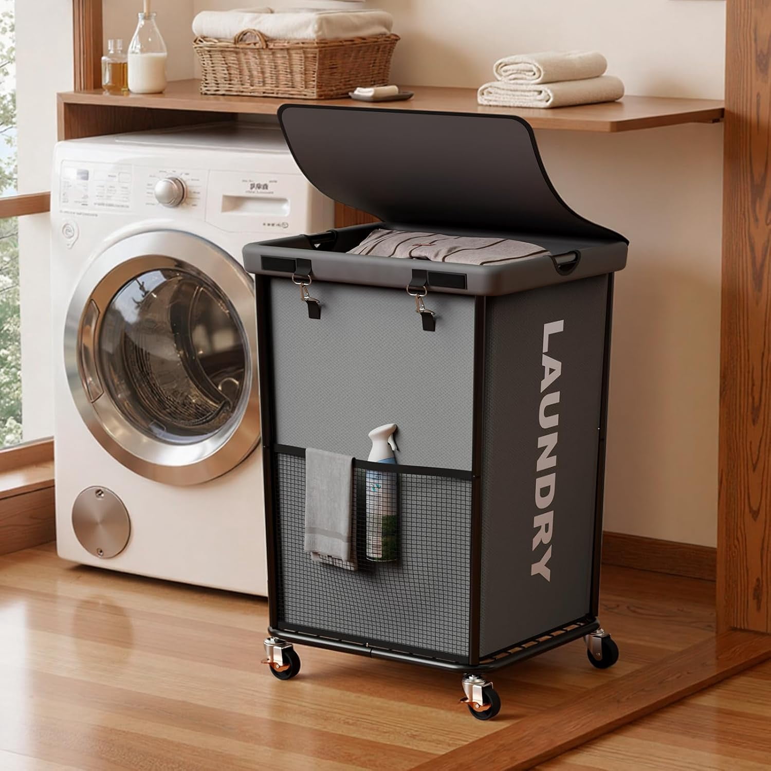 150L Laundry Basket with Wheels, Rolling Laundry Hamper with Cloth ...