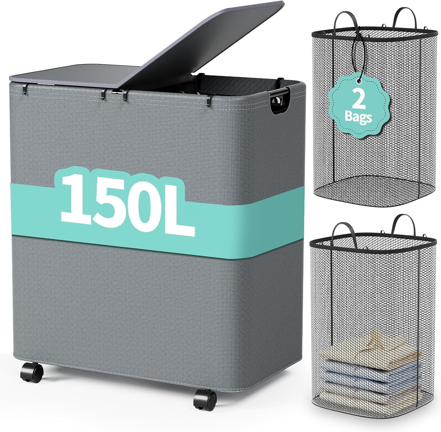 150L Laundry Hamper with Wheels, Rolling Laundry Basket with Lid and 2 ...