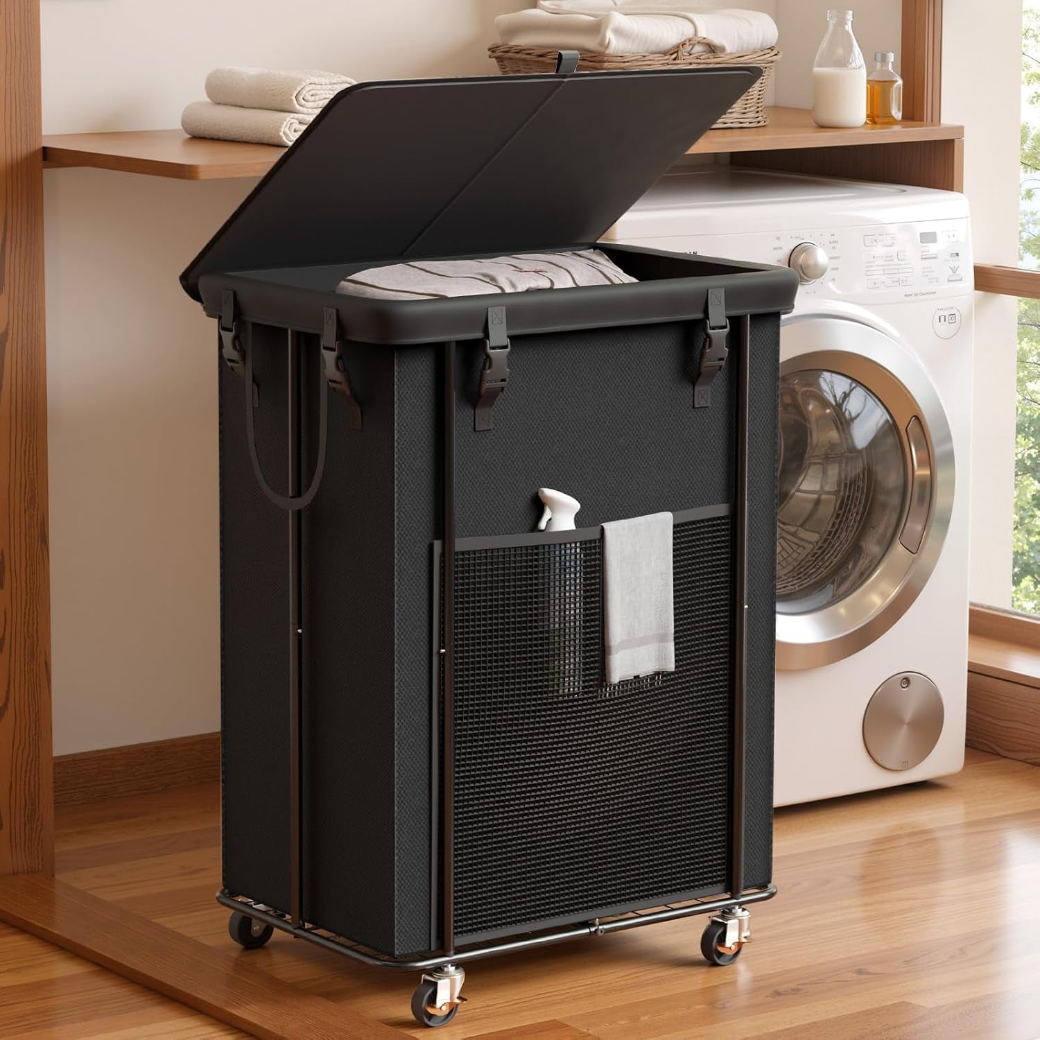 150L Laundry Hamper with Wheels Rolling Laundry Basket with Metal Frame ...