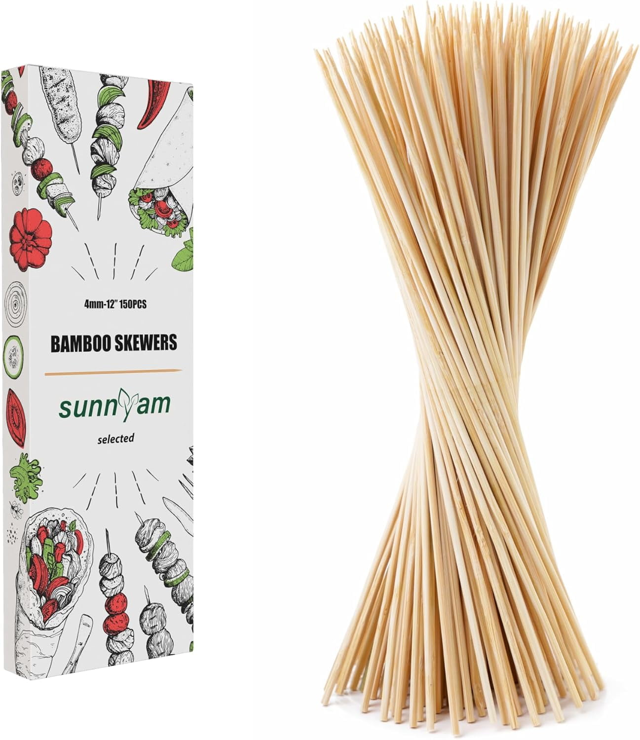 150PCS 12inch Bamboo Skewers for Grilling, Fruit, Kabob, Chocolate ...
