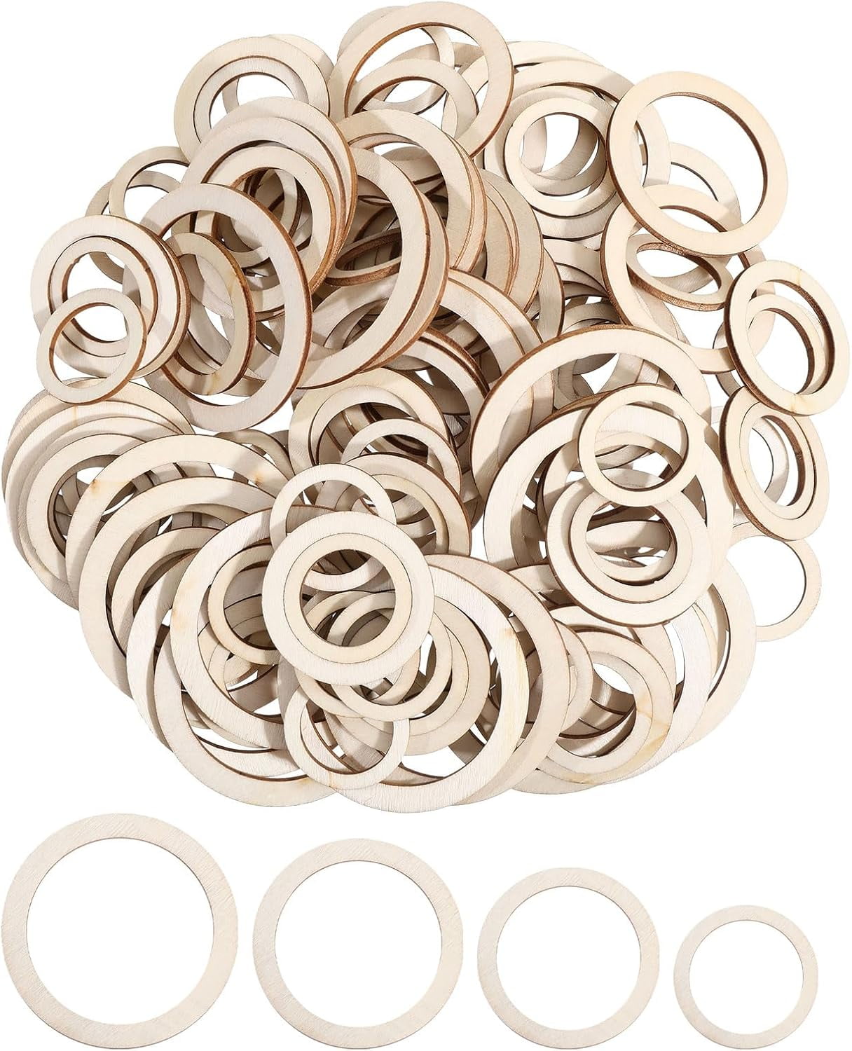 150PCS 4Sizes Natural Wooden Rings Unfinished Round Wood Rings for ...