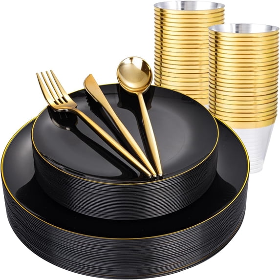 150PCS Black and Gold Disposable Plastic Dinnerware Set - Includes 25 ...