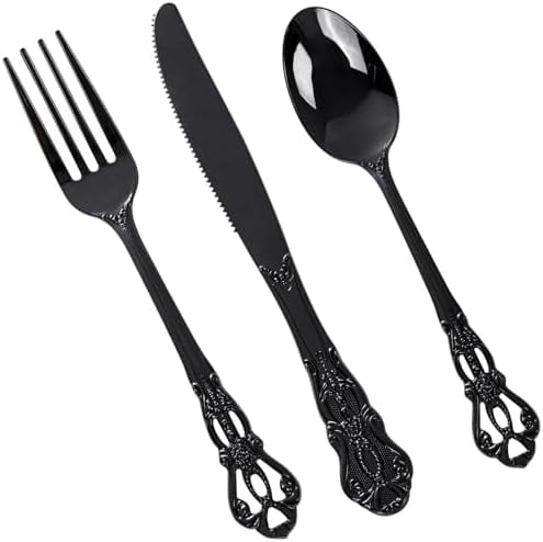 150PCS Black Plastic Silverware - Heavy Duty Disposable Cutlery Sets ...