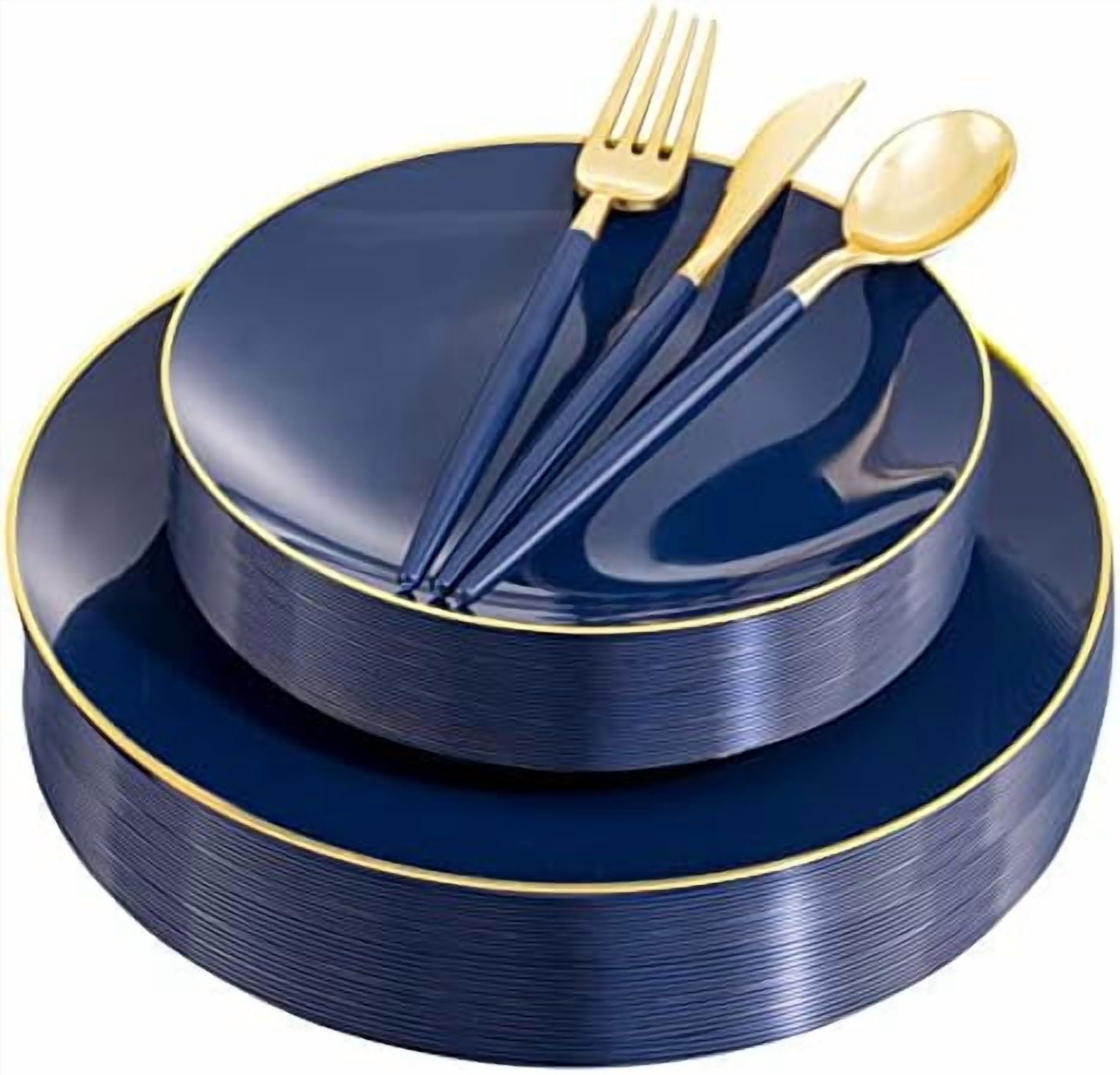 150PCS Blue Plastic Plates - Gold Plastic Silverware with Blue Handle ...