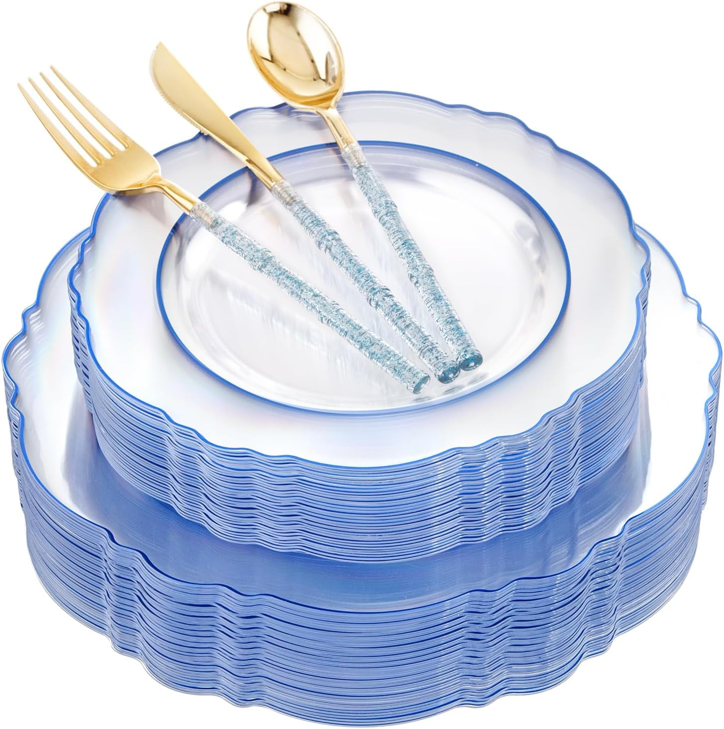 150PCS Clear Blue Plastic Plates - Clear Blue Disposable Plates with ...