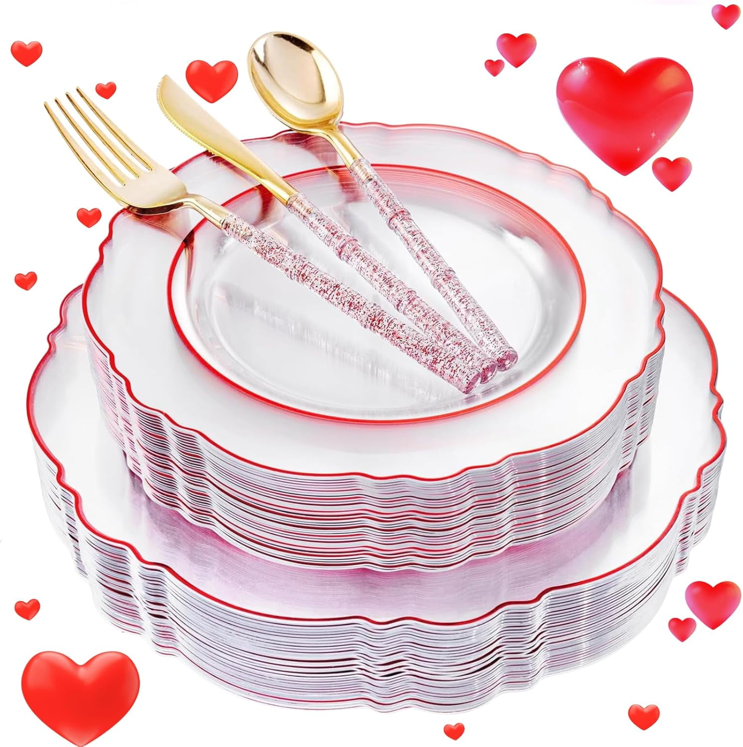 150PCS Clear and Red Plastic Plates-Clear Red Disposable Plates with ...