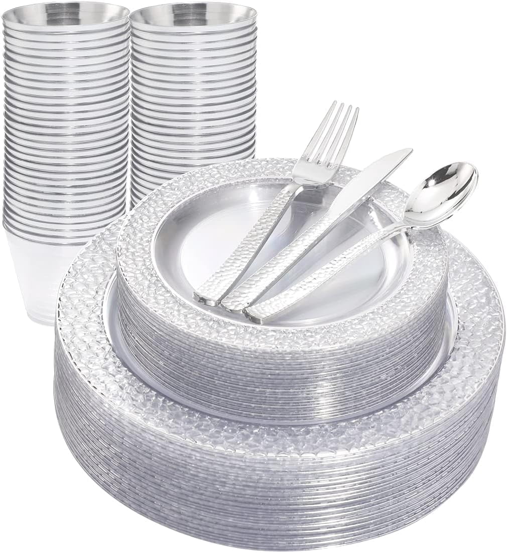 150PCS Clear Silver Plastic Disposable Plates and Cutlery Set ...