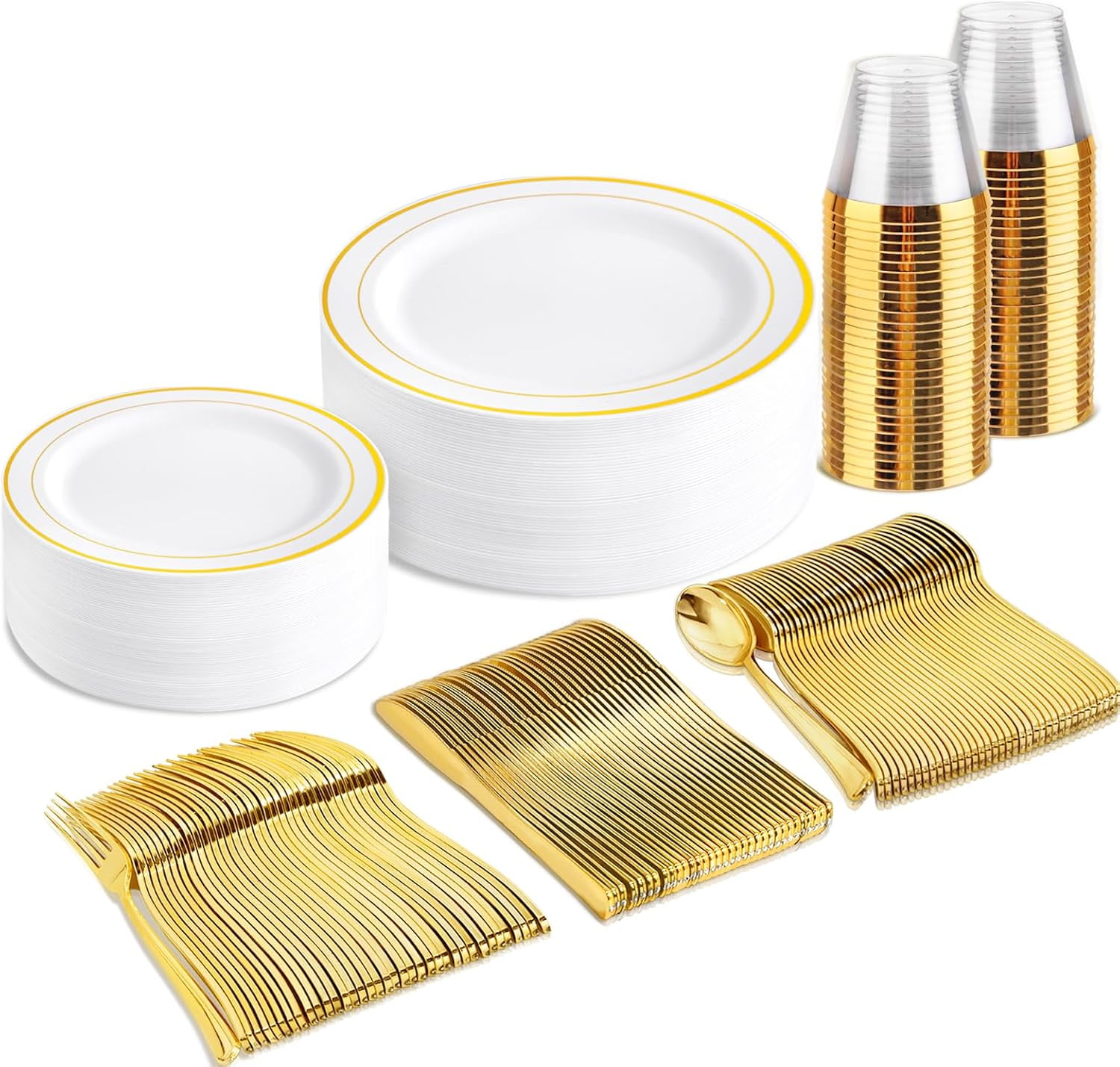 150PCS Gold Plastic Dinnerware Set Disposable - Heavy Duty Plates ...