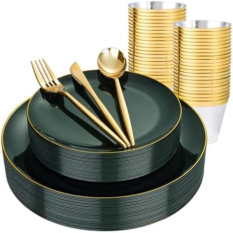 150PCS Green Plastic Plates - Green and Gold Disposable Include 25 Each ...