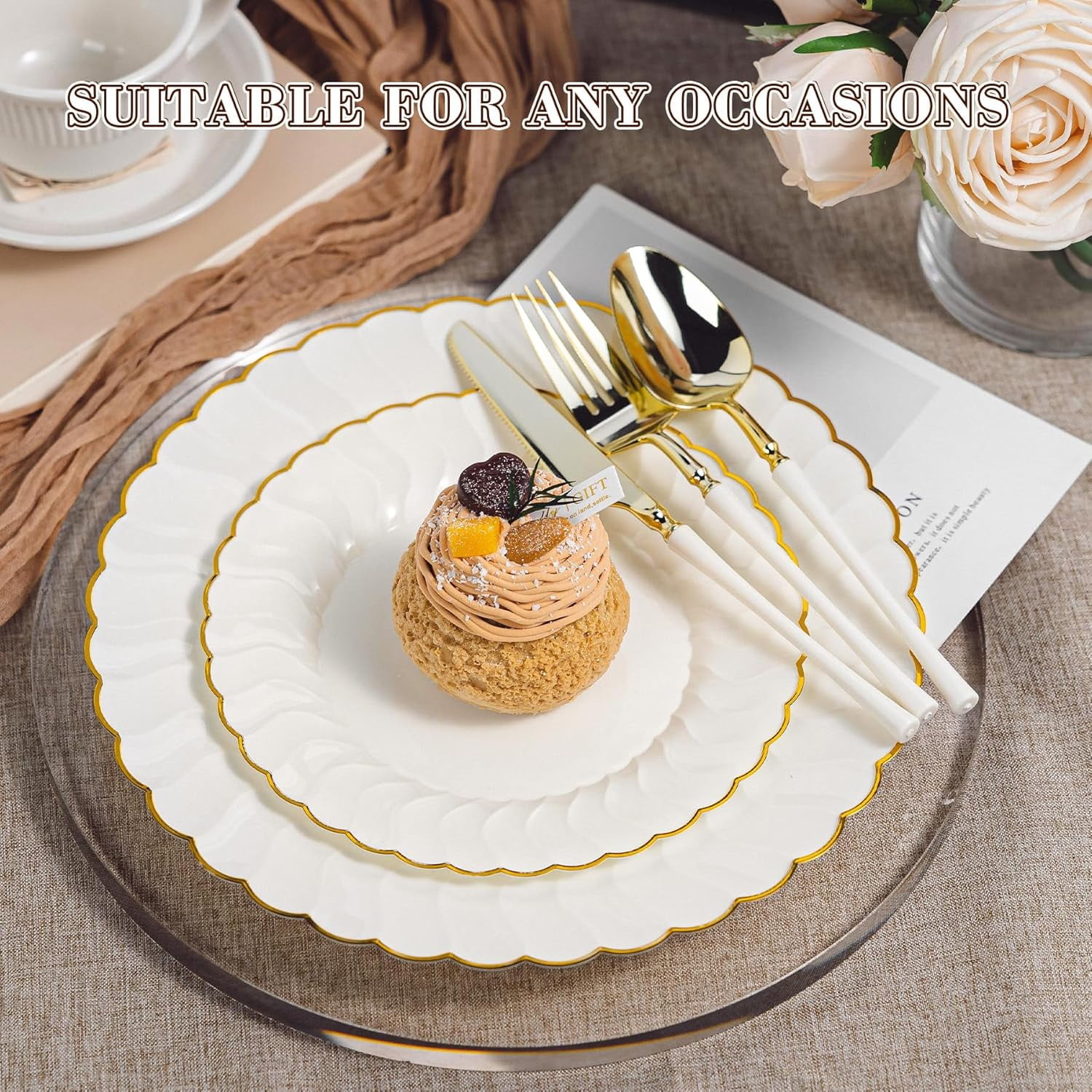 150PCS Ivory Plates with Gold Disposable Silverware - Include 60 ...