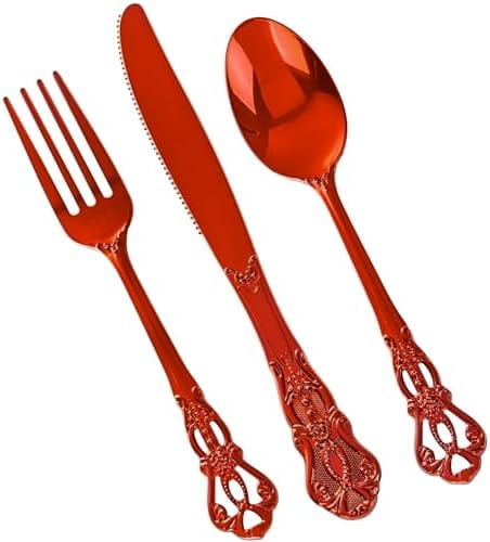 150PCS Red Plastic Silverware - Elegant Disposable Utensils - Heavy ...