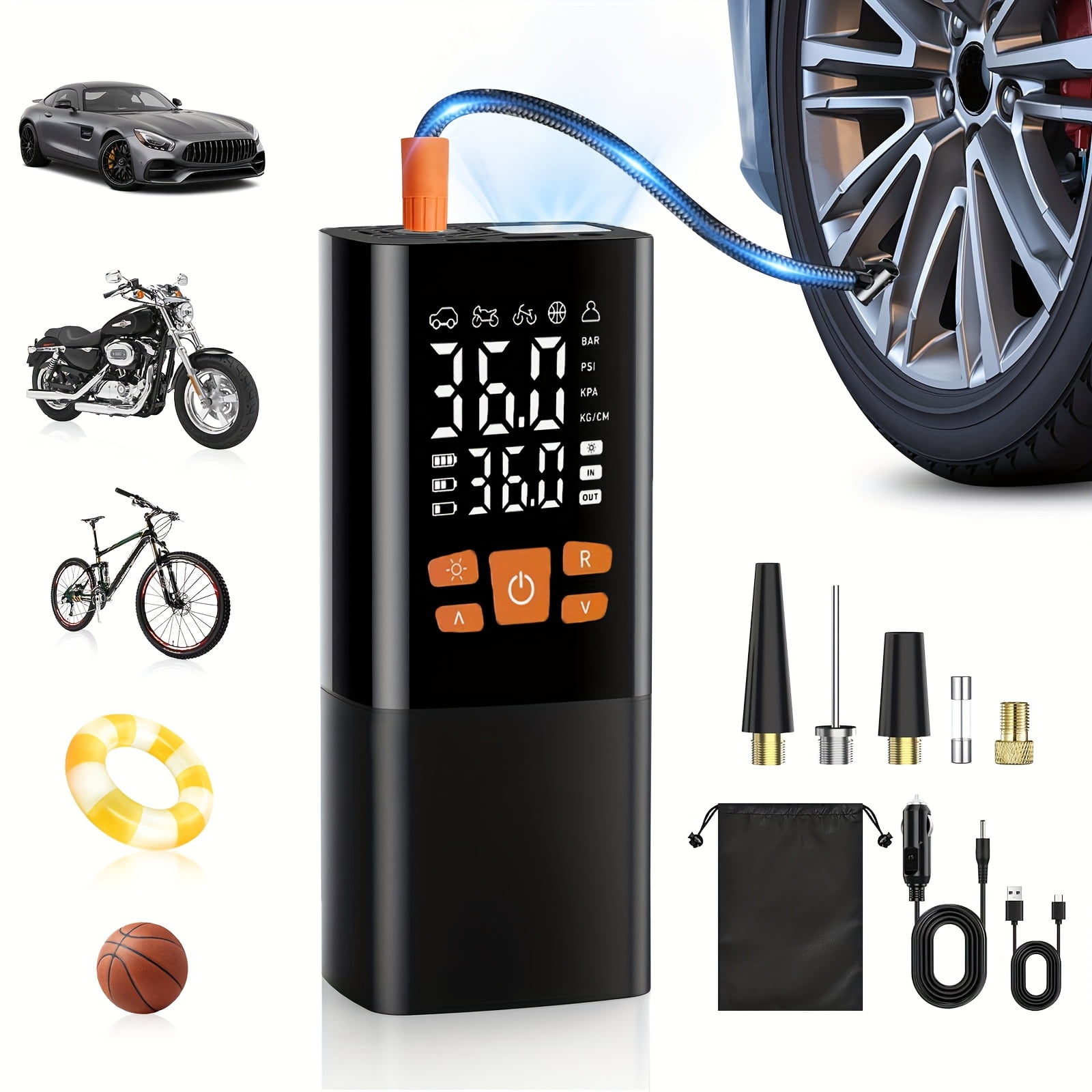 150PSI Cordless Tire Inflator Portable Air Compressor, Rechargeable Air Pump with LCD Dual ...