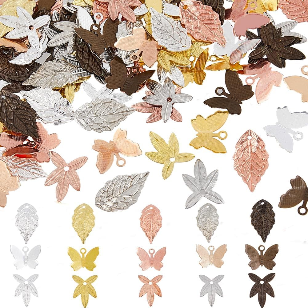 150Pcs 15 Style Brass Filigree Pendant Charms Butterfly Maple Leaf ...