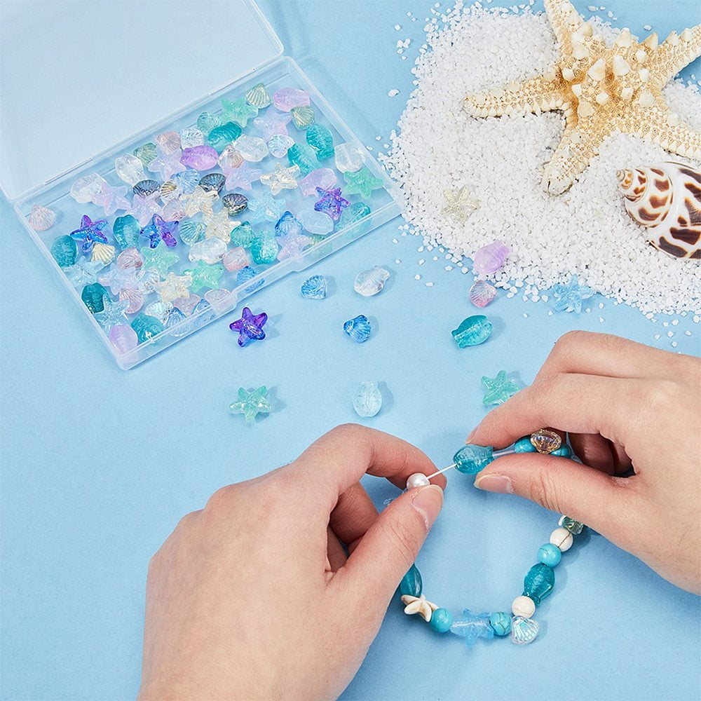 150Pcs 15 Style Transparent Spray Painted Glass Beads Starfish Fish ...