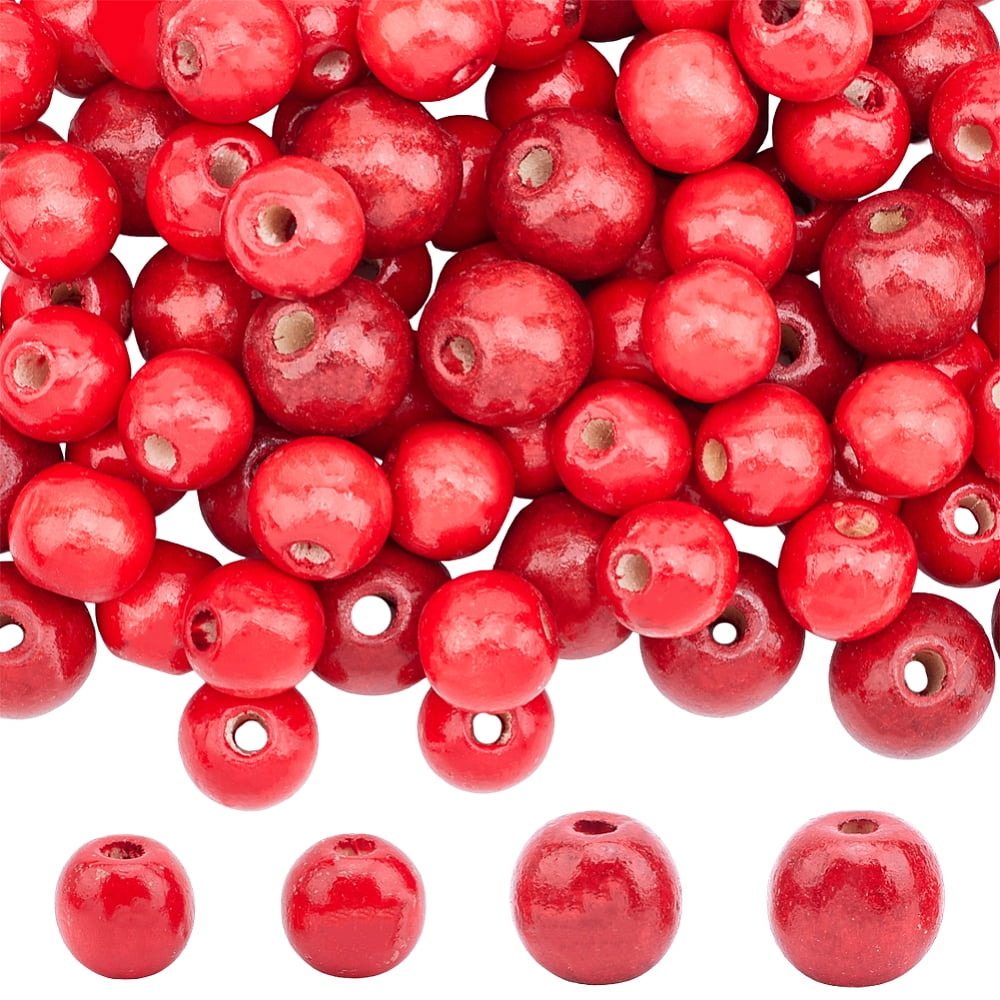 150Pcs 2 Styles Dyed Natural Wood Beads Round Lead Free Red 16~20x15 ...