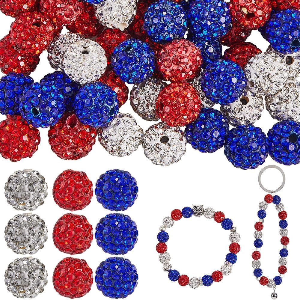150Pcs 3 Colors Rhinestone Ball Beads Red White Blue Beads 10mm Pave ...