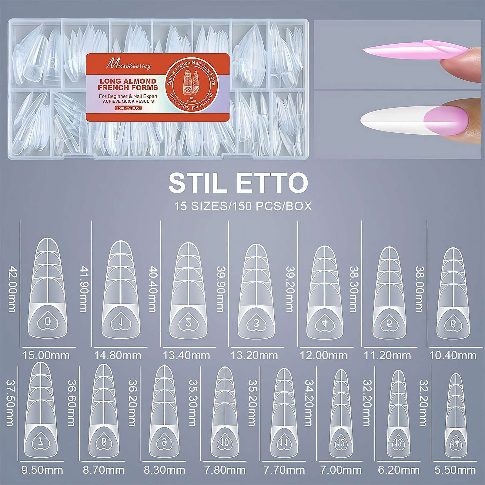 150Pcs 3D Nail Dual Forms Set 15 Sizes Clear Reusable Nail Extension ...