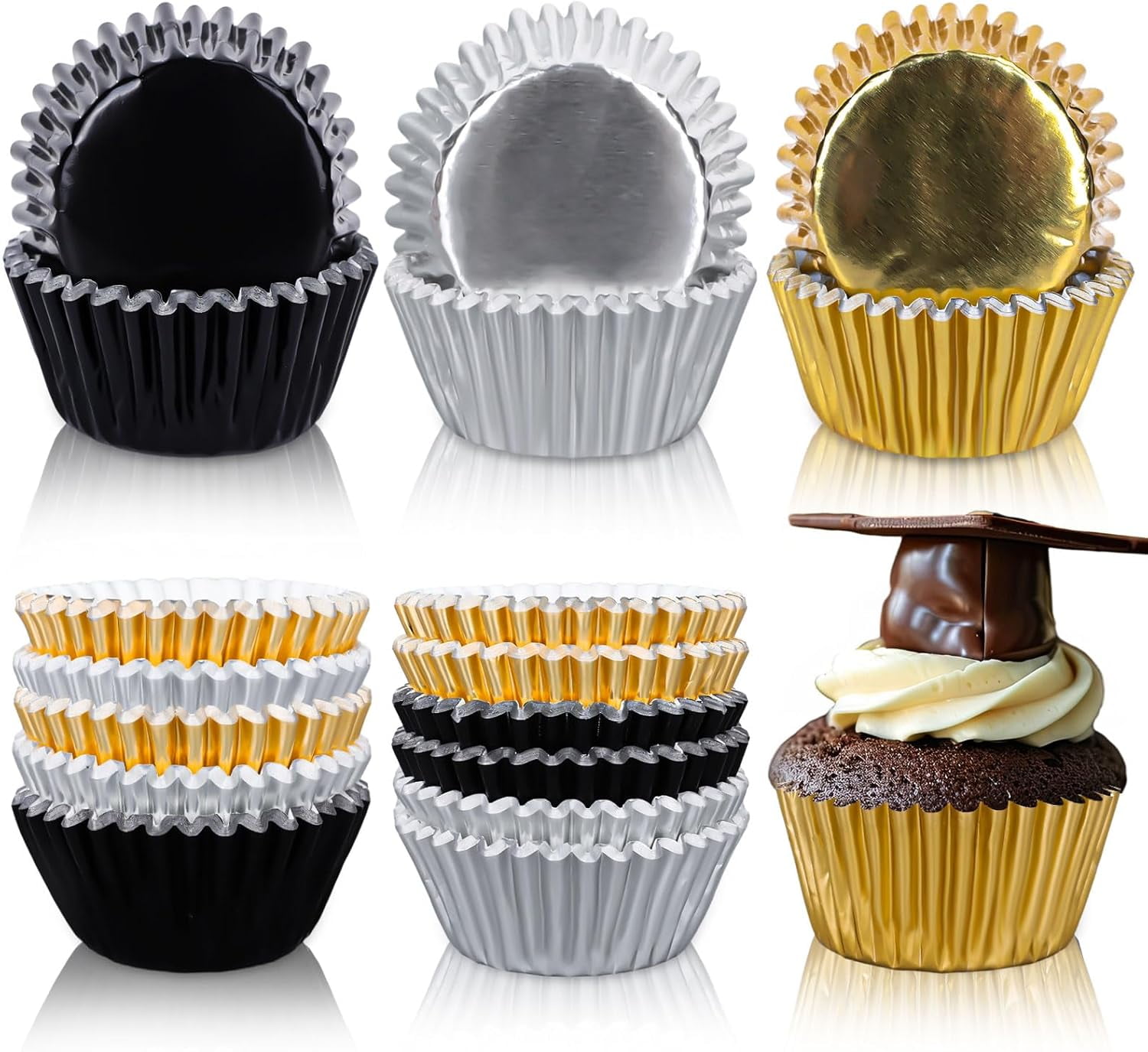 150Pcs Graduation Cupcake Liners Congrats Grad Foil Baking Cups Black ...