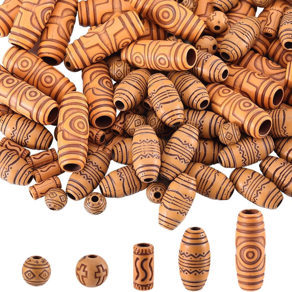 150Pcs Imitation Wood Beads Hair Tube Beads Wooden Ball Round Oval ...