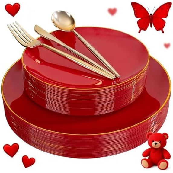 150Pcs Red Plastic Plates with Gold Rim,Fancy Plastic Plates,Nice ...