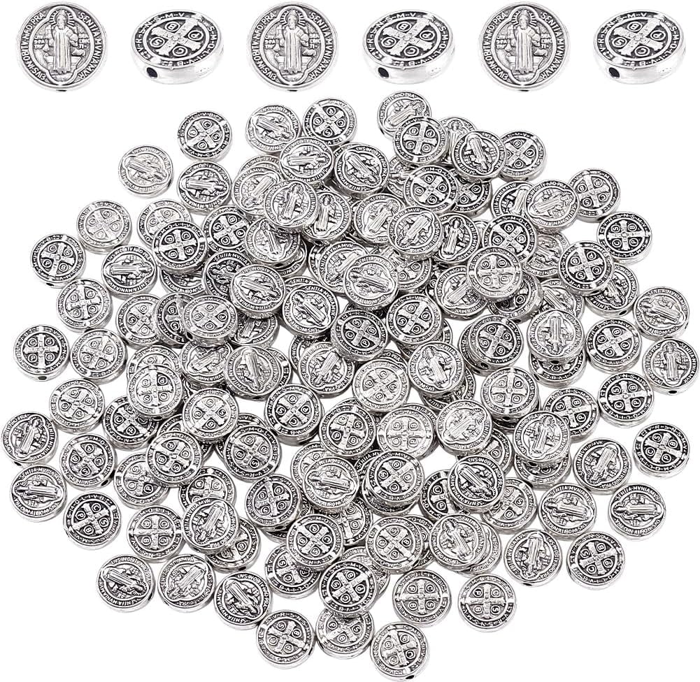150Pcs Silver Beads 10mm Flat Round Double-Sided Spacer Beads Metal ...