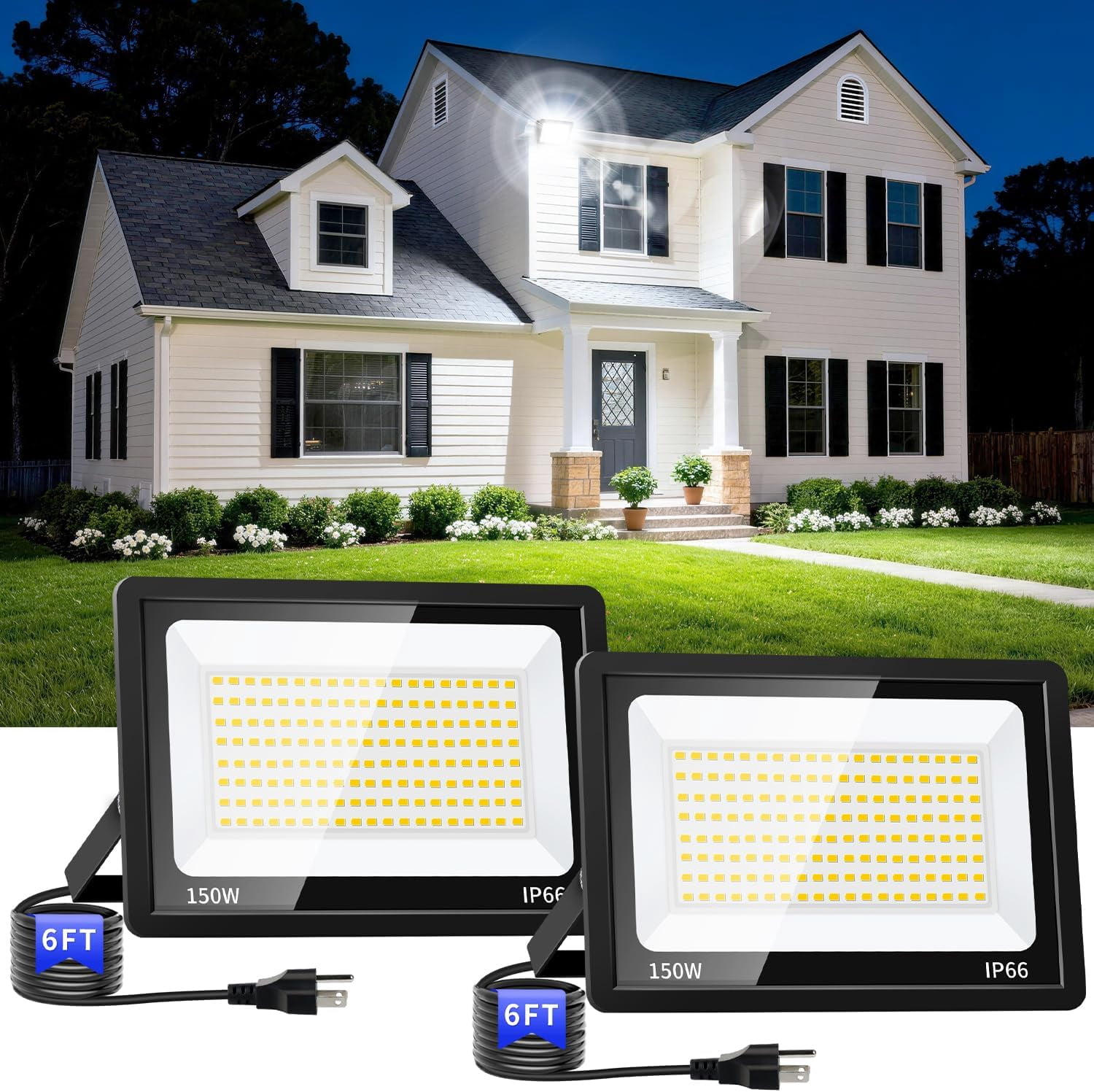 150W LED Outdoor Flood Lights with Plug 18000lm Bright Work Light with ...