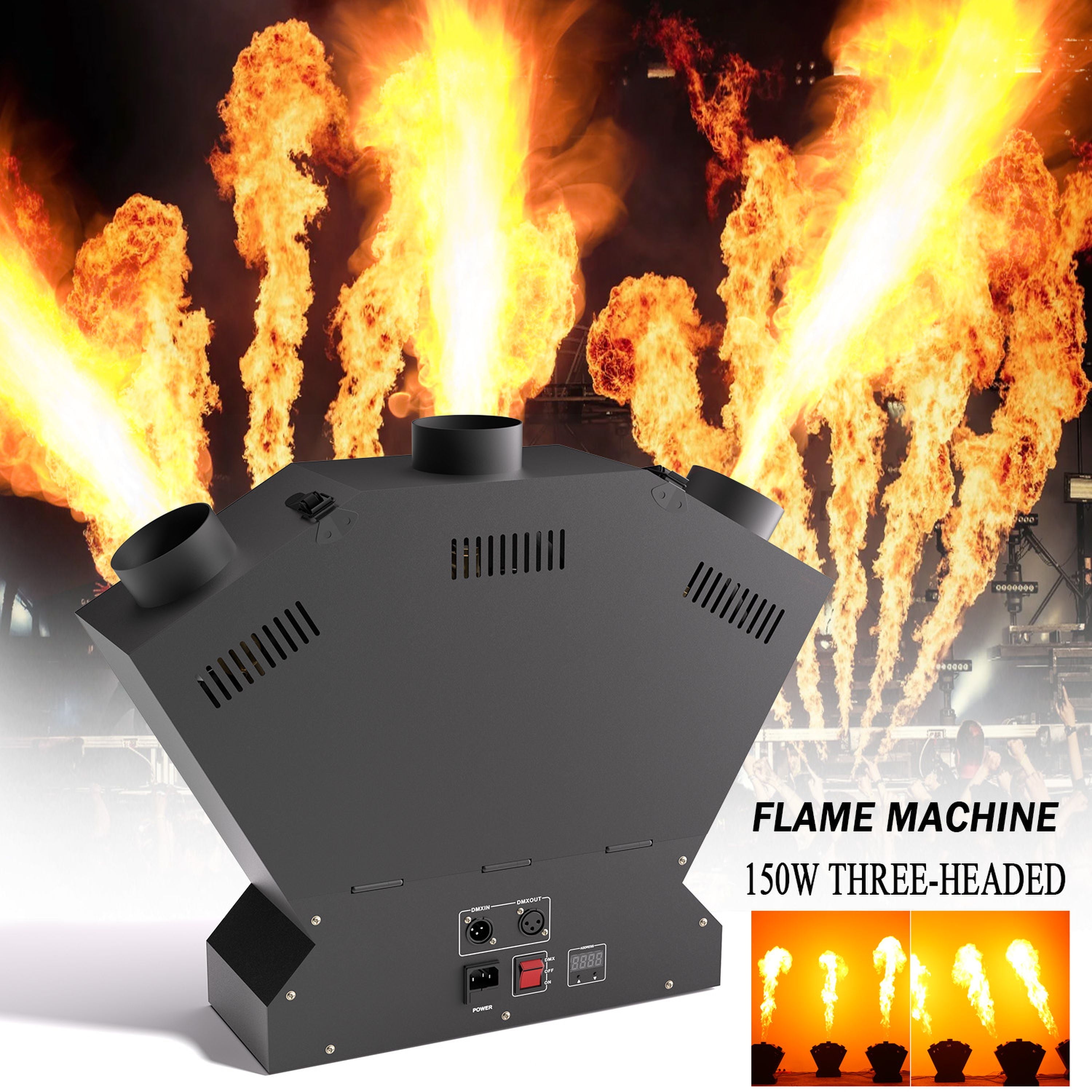 StageGlow 150W Triple Head Flame Thrower, Real Flame Machine, DMX512 ...