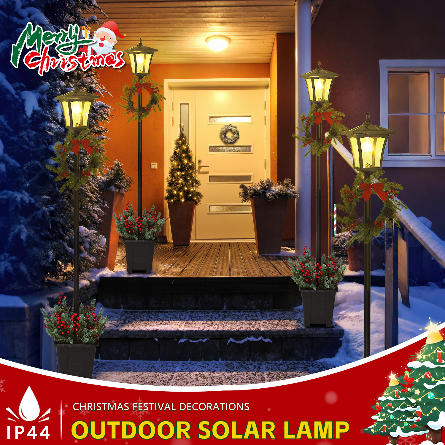 150cm (59 Inch) Christmas Solar Lamp Post - Black Outdoor Lighting with ...